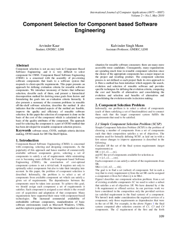 (PDF) Component Selection for Component Based Software Engineering