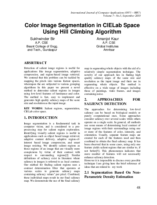 (PDF) Color Image Segmentation In CIELab Space Using Hill Climbing Algorithm