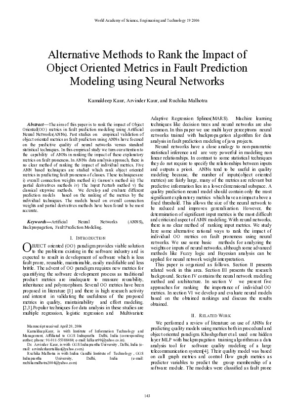 Pdf Alternative Methods To Rank The Impact Of Object Oriented Metrics In Fault Prediction