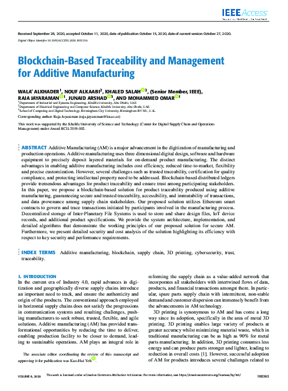 Pdf Blockchain Based Traceability And Management For Additive Manufacturing