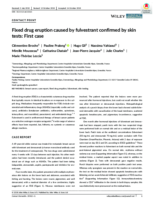 (PDF) Fixed drug eruption caused by fulvestrant confirmed by skin tests ...