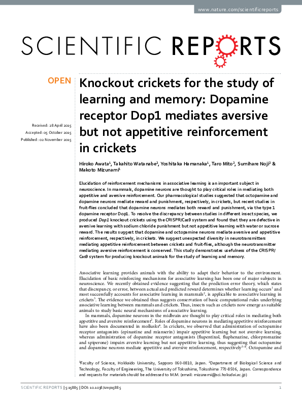 (PDF) Knockout crickets for the study of learning and memory: Dopamine ...