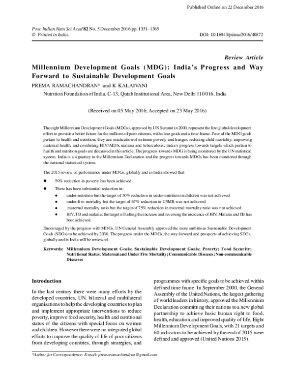 (PDF) Millennium Development Goals (MDG): India’s Progress and Way ...