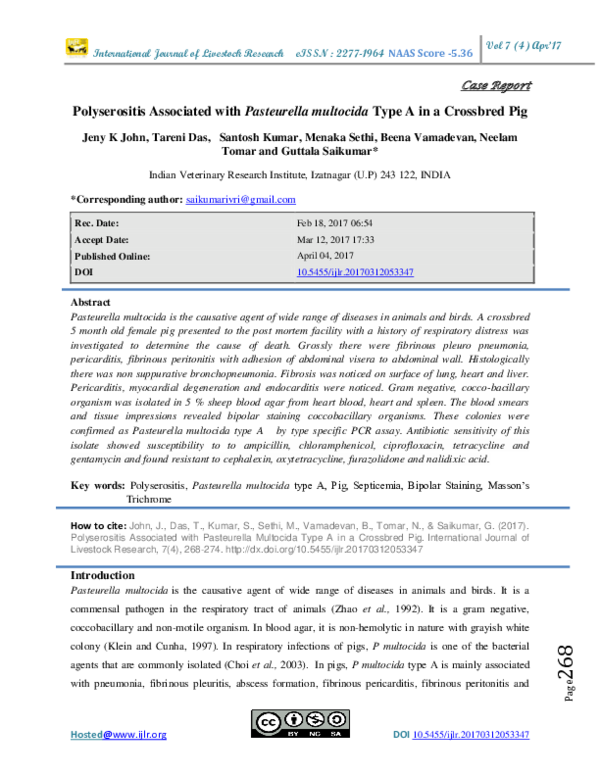 (PDF) Polyserositis Associated with Pasteurella Multocida Type A in a ...