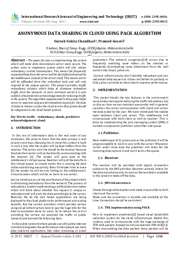 Pdf Anonymous Data Sharing In Cloud Using Pack Algorithm Pramod Gosavi