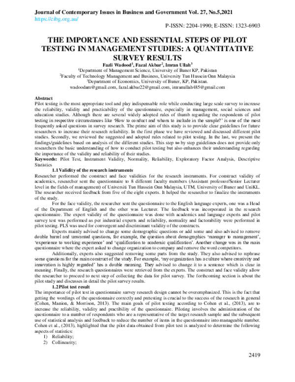 (PDF) The Importance and Essential Steps of Pilot Testing in Management ...