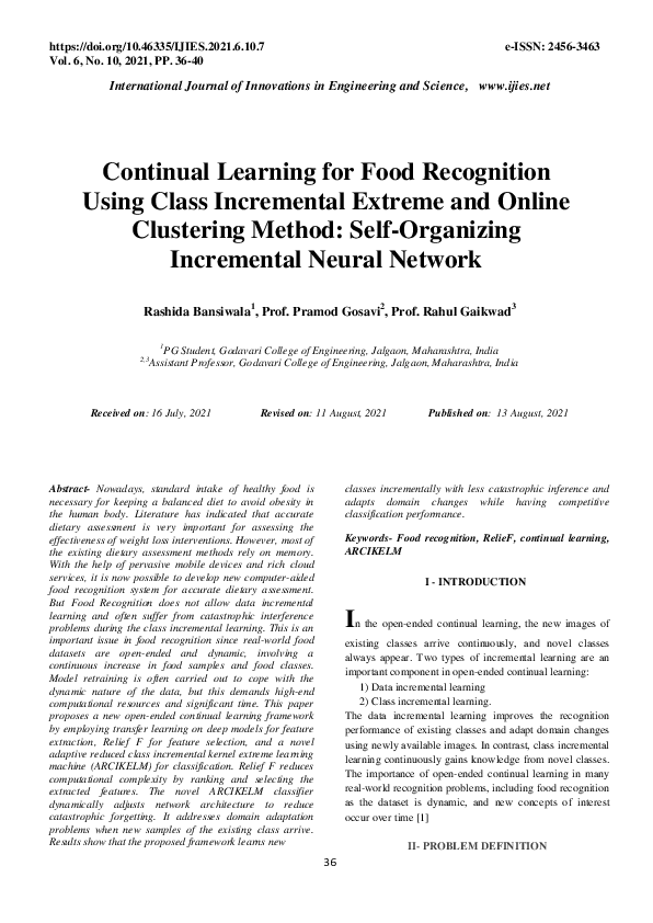 (PDF) Continual Learning for Food Recognition Using Class Incremental Extreme and Online ...