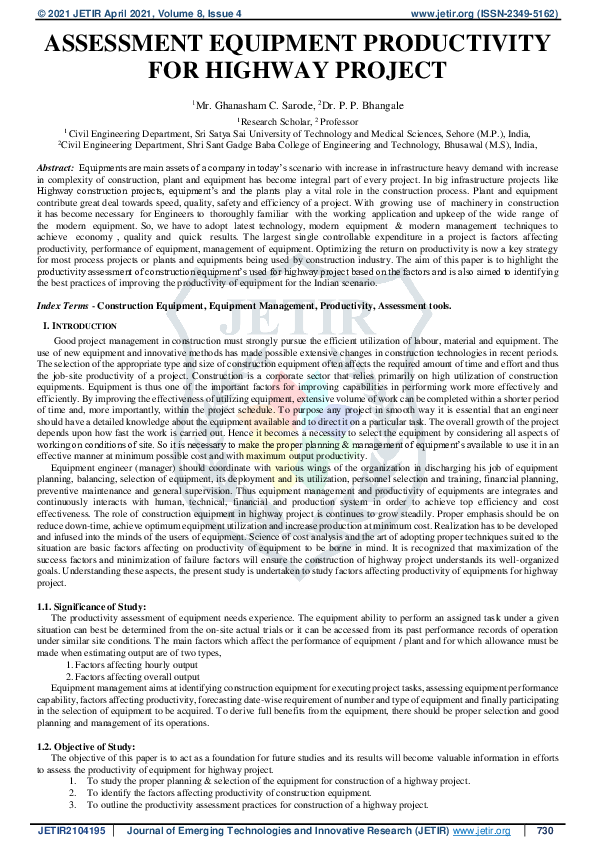 (PDF) Assessment Equipment Productivity for Highway Project