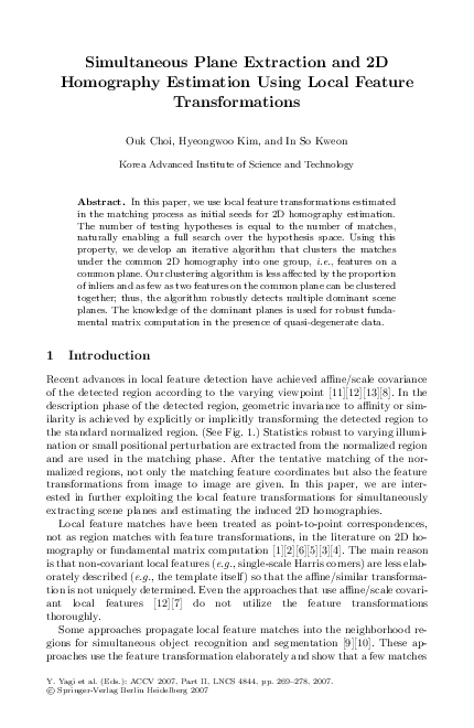 Pdf Robust Plane Extraction And Homography Estimation
