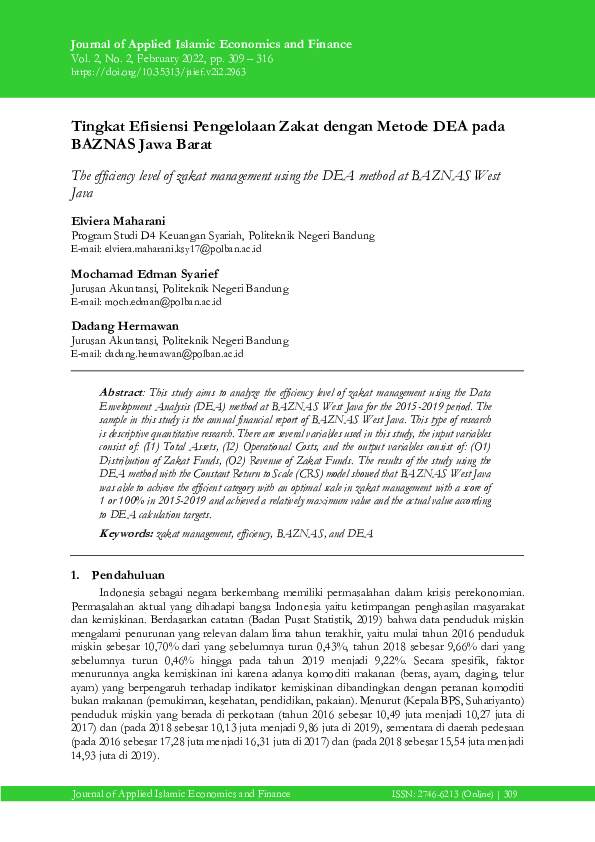(PDF) Tingkat Efisiensi Pengelolaan Zakat dengan Metode DEA pada BAZNAS ...
