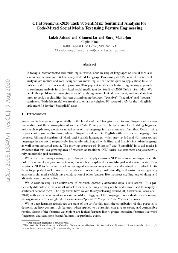 (PDF) C1 at SemEval-2020 Task 9: SentiMix: Sentiment Analysis for Code-Mixed Social Media Text ...