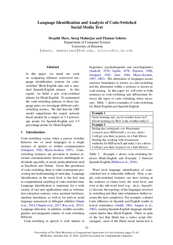 Language Identification And Analysis Of Code Switched Social Media Text