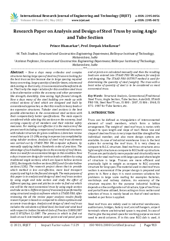 (PDF) Research Paper on Analysis and Design of Steel Truss by using ... (PDF) Research Paper on Analysis and Design of Steel Truss by using ...