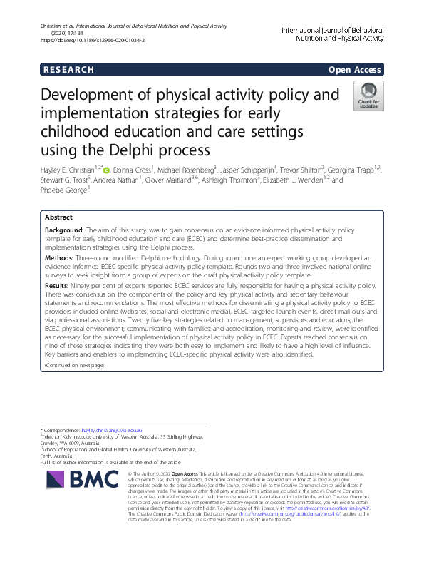 (PDF) Development of physical activity policy and implementation strategies for early childhood ...