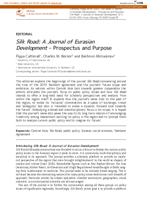 (PDF) Silk Road: A Journal of Eurasian Development – Prospectus and Purpose
