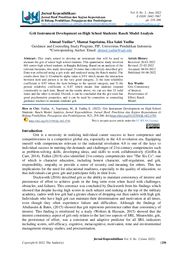 (PDF) Grit Instrument Development on High School Students: Rasch Model Analysis