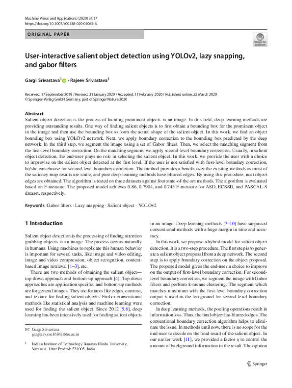 (PDF) User-interactive salient object detection using YOLOv2, lazy snapping, and gabor filters