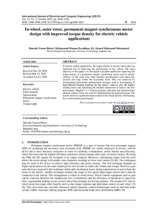 Pdf In Wheel Outer Rotor Permanent Magnet Synchronous Motor Design With Improved Torque