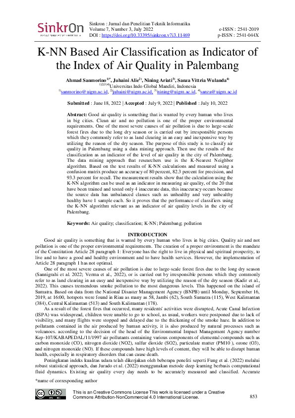 (PDF) K-NN Based Air Classification as Indicator of the Index of Air ...