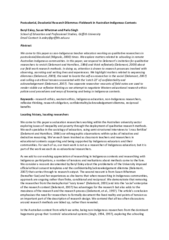 (PDF) Postcolonial, decolonial research dilemmas: fieldwork in ...