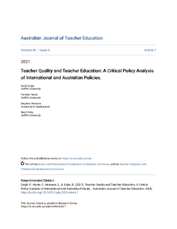 (PDF) Teacher Quality and Teacher Education: A Critical Policy Analysis ...
