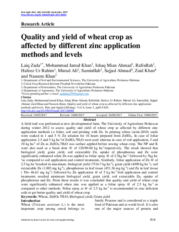 (PDF) Quality and yield of wheat crop as affected by different zinc ...