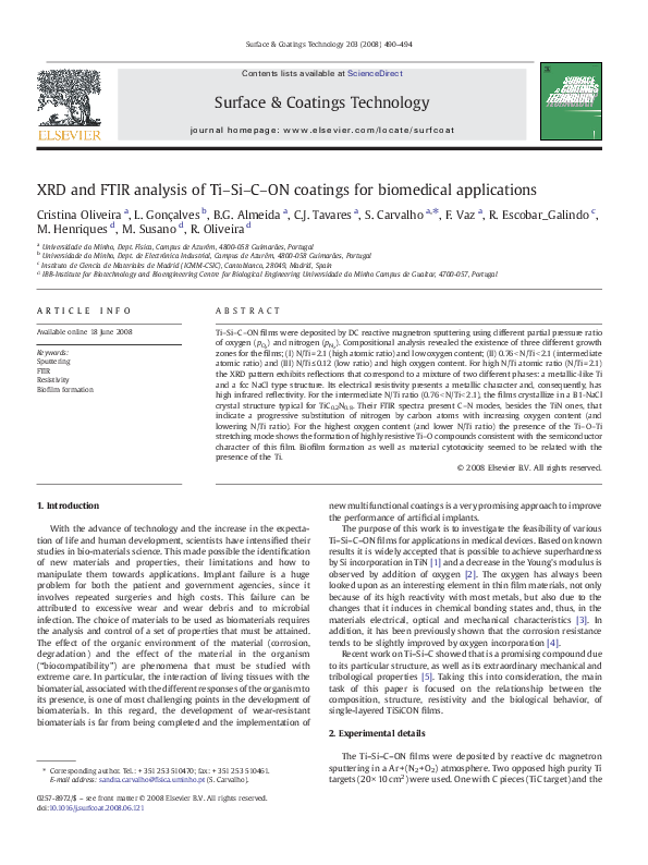 (PDF) XRD and FTIR analysis of Ti–Si–C–ON coatings for biomedical applications | cristina ...