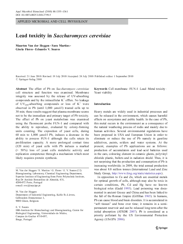 (PDF) Lead toxicity in Saccharomyces cerevisiae