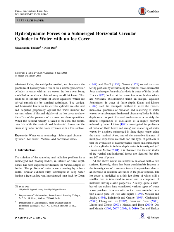 (PDF) Hydrodynamic Forces on a Submerged Horizontal Circular Cylinder in Water with an Ice Cover