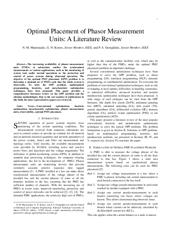 Pdf Optimal Placement Of Phasor Measurement Units A Literature Review
