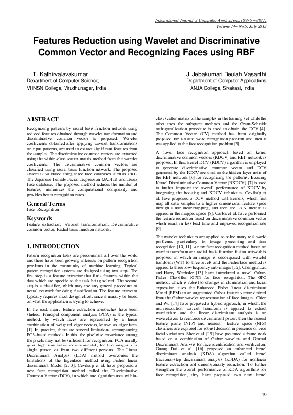 (PDF) Features Reduction using Wavelet and Discriminative Common Vector and Recognizing Faces ...