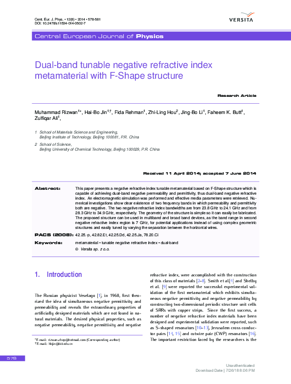 (PDF) Dual-band tunable negative refractive index metamaterial with F-Shape structure