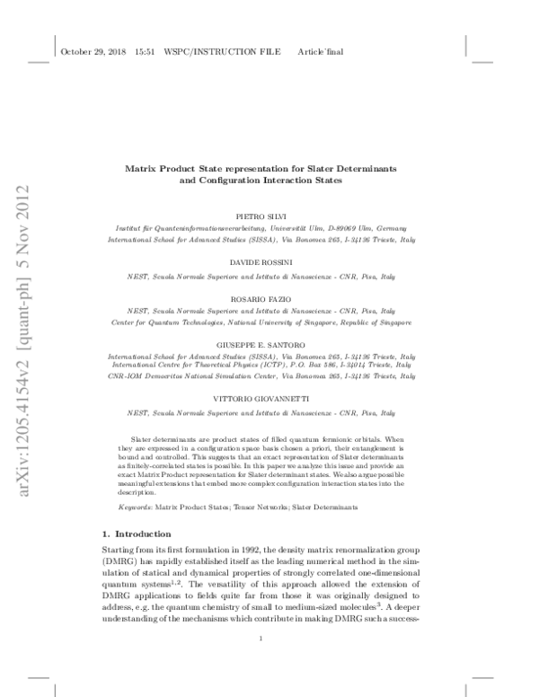 (PDF) Matrix Product State Representation for Slater Determinants and ...