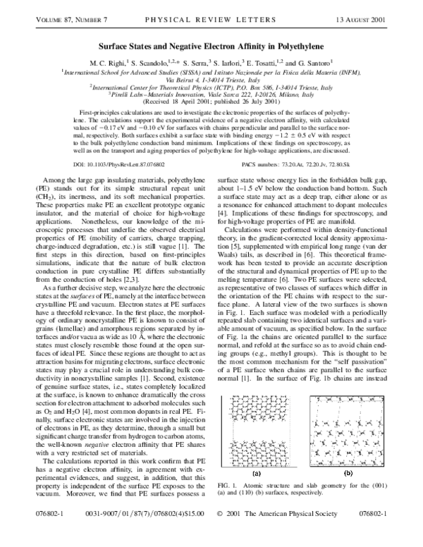 (PDF) Surface States and Negative Electron Affinity in Polyethylene