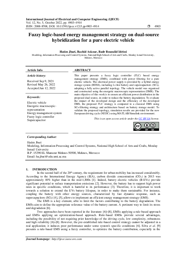 Pdf Fuzzy Logic Based Energy Management Strategy On Dual Source Hybridization For A Pure 