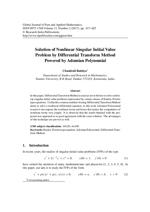Pdf Solution Of Nonlinear Singular Initial Value Problem By Differential Transform Method