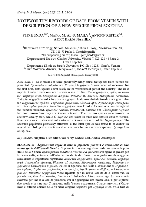 (PDF) Noteworthy records of bats from Yemen with description of a new ...