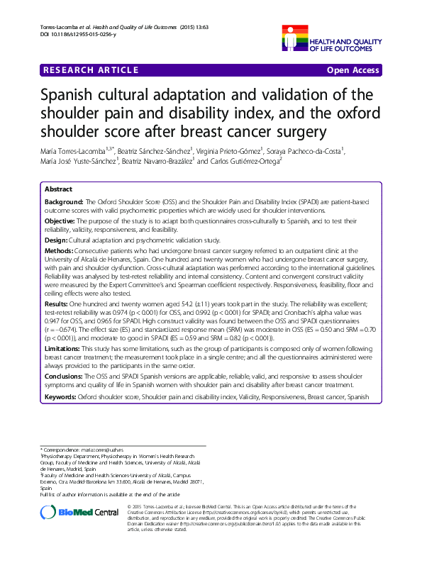 (PDF) Spanish cultural adaptation and validation of the shoulder pain ...