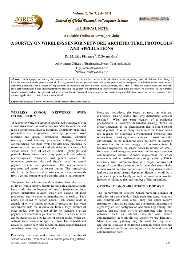 (PDF) A Survey on Wireless Sensor Network Architecture, Protocols and Applications
