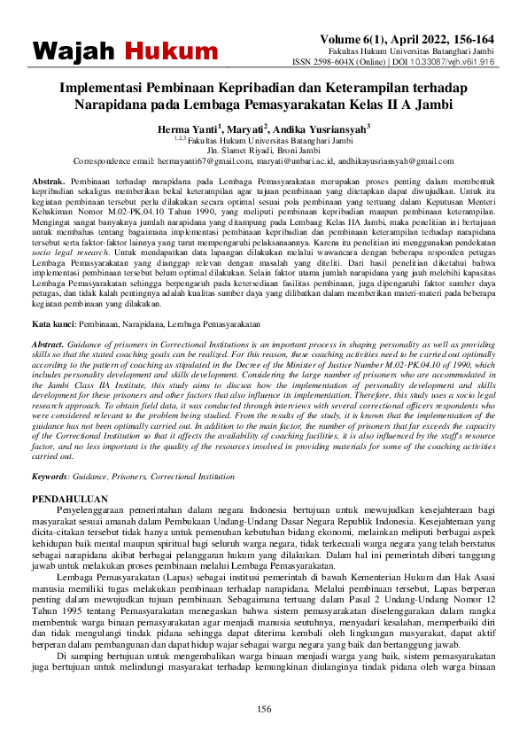 (PDF) Implementasi Pembinaan Kepribadian dan Keterampilan terhadap Narapidana pada Lembaga ...