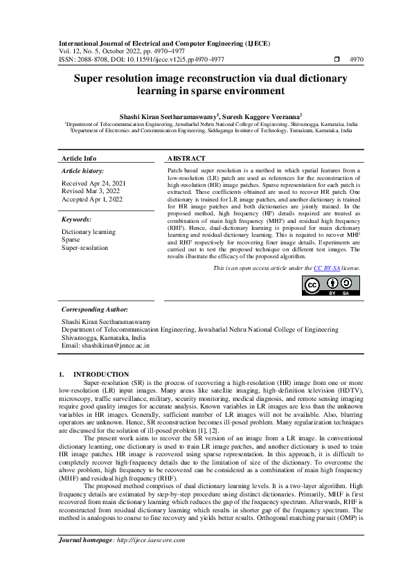 (PDF) Super resolution image reconstruction via dual dictionary learning in sparse environment
