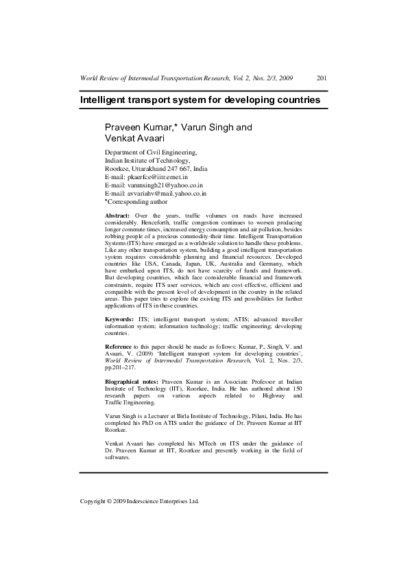 (PDF) Intelligent transport system for developing countries