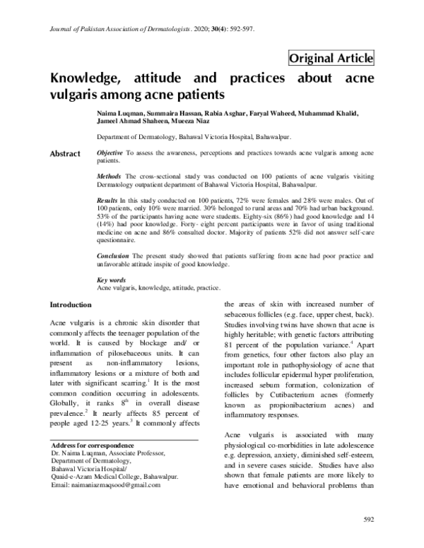 Pdf Knowledge Attitude And Practices About Acne Vulgaris Among Acne