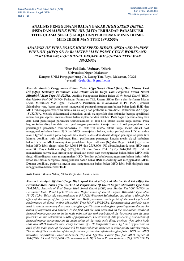 (PDF) Analisis Penggunaan Bahan Bakar High Speed Diesel (HSD) Dan Marine Fuel Oil (Mfo) Terhadap ...