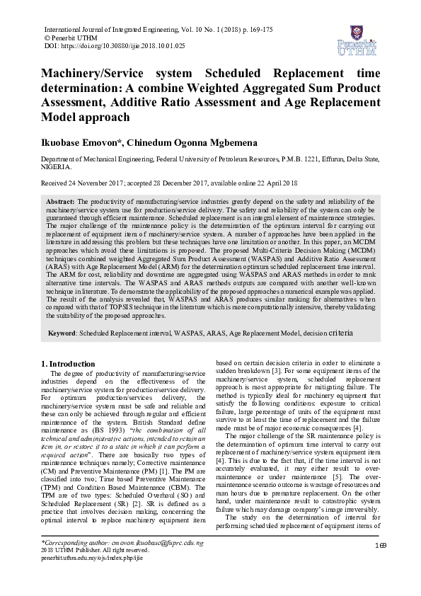(PDF) Machinery/Service system Scheduled Replacement time determination: A combine Weighted ...