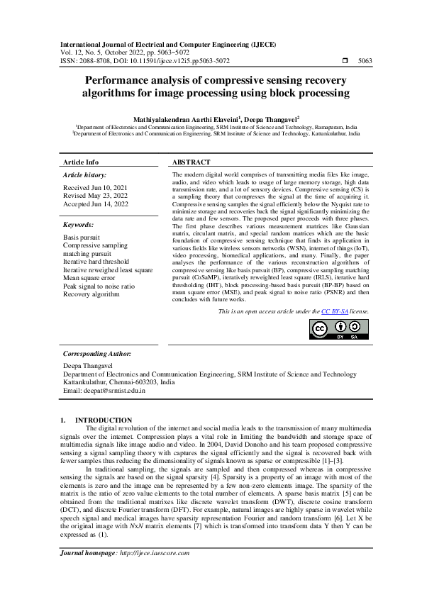 Pdf Performance Analysis Of Compressive Sensing Recovery Algorithms For Image Processing Using