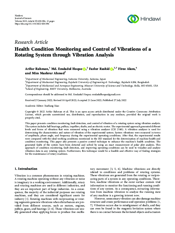 (PDF) Health Condition Monitoring and Control of Vibrations of a ...