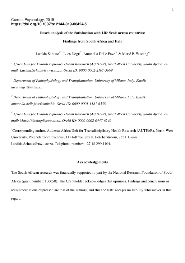 (PDF) Rasch analysis of the Satisfaction with Life Scale across ...