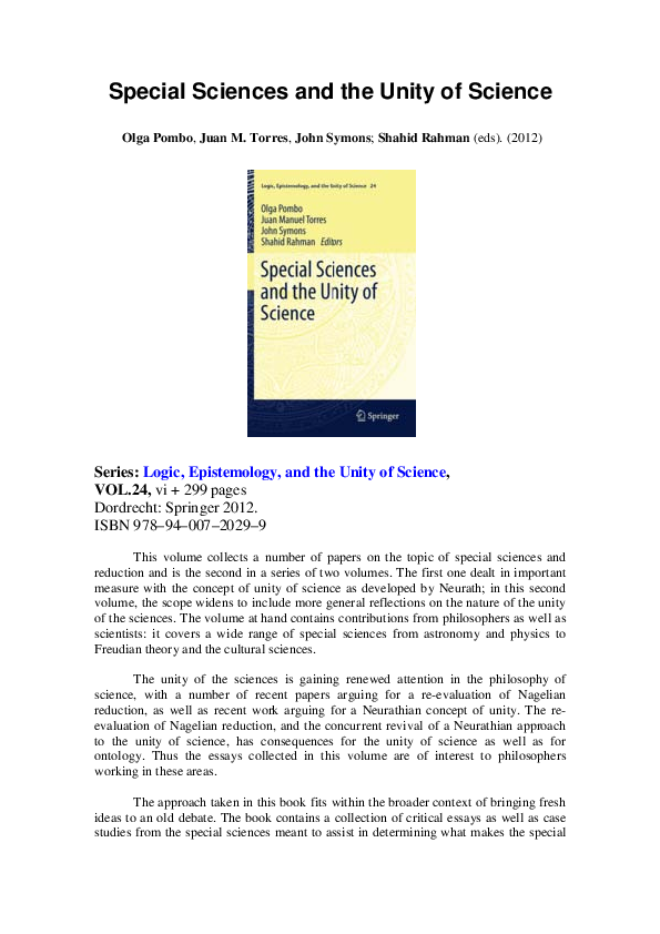 (PDF) Special Sciences and the Unity of Science