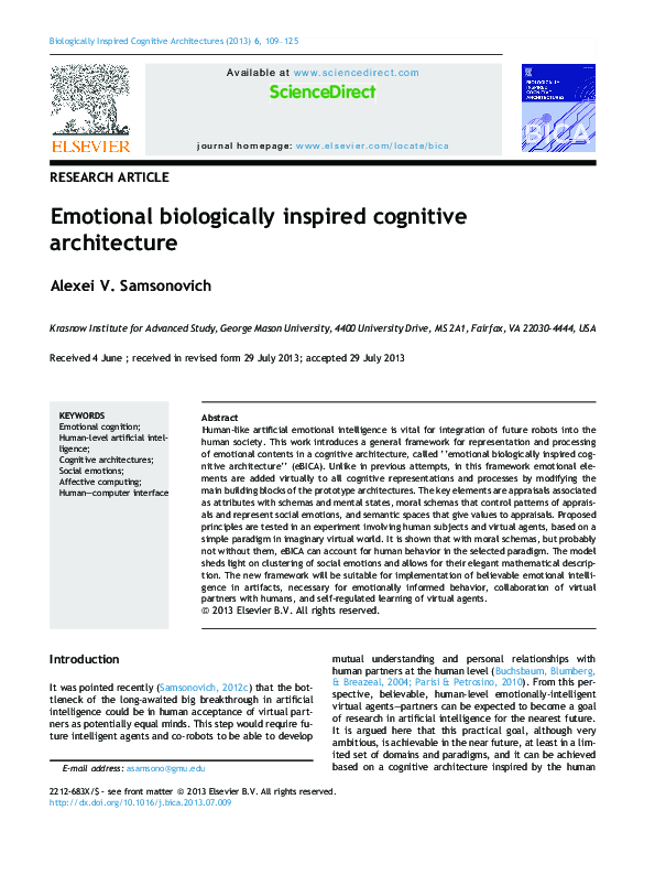 (PDF) Emotional biologically inspired cognitive architecture
